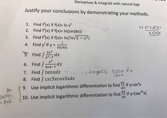 Solved Derivatives & Integrals with natural logs Justify | Chegg.com