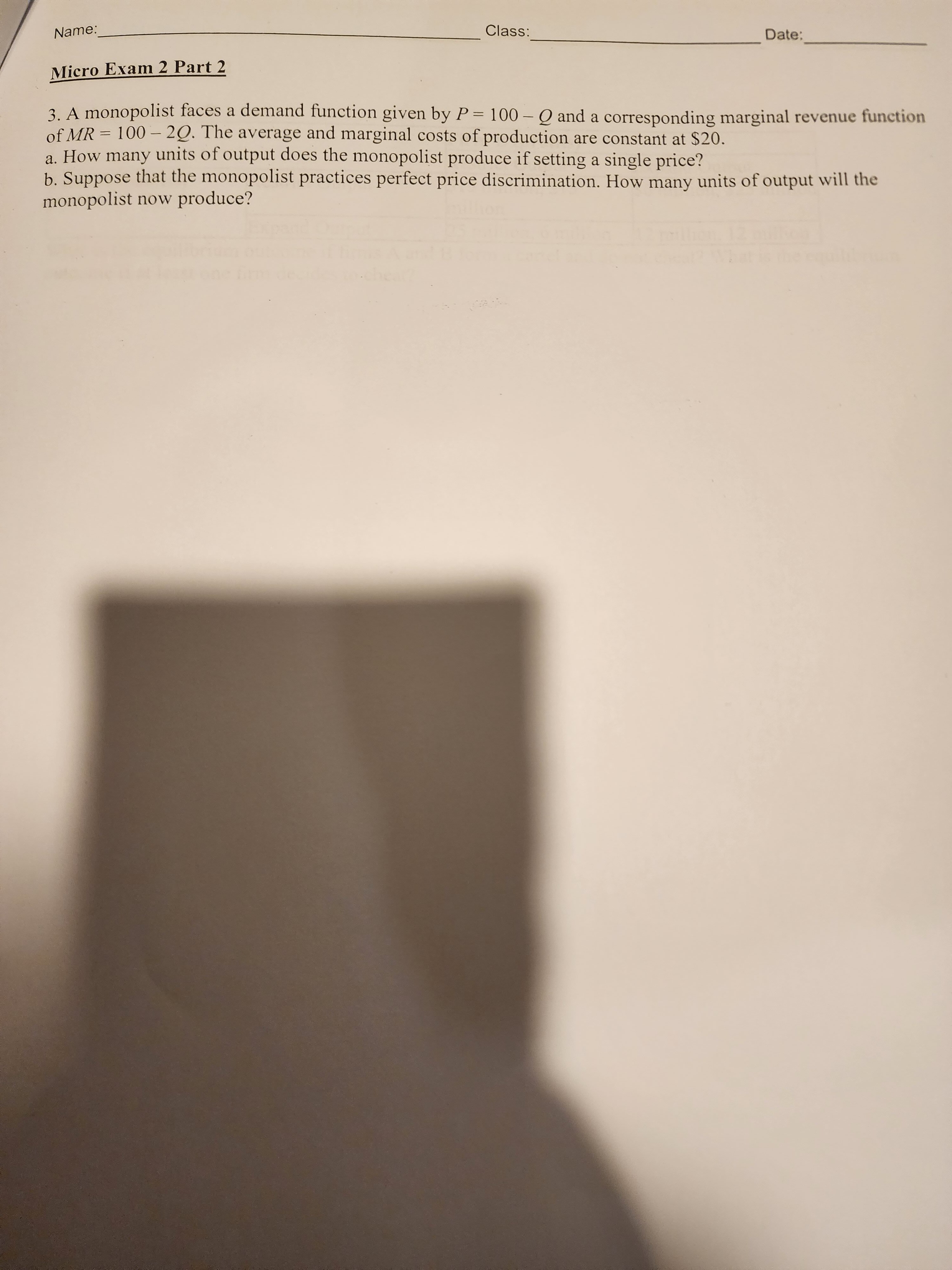 Solved Name: Class: Date: Micro Exam 2 Part 2 3. A | Chegg.com