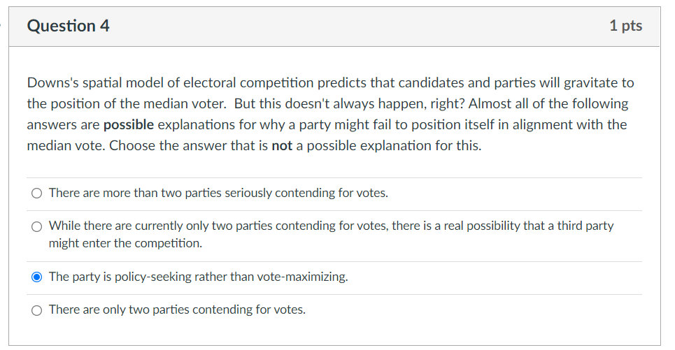 Solved Question 4 1 pts Downs's spatial model of electoral | Chegg.com