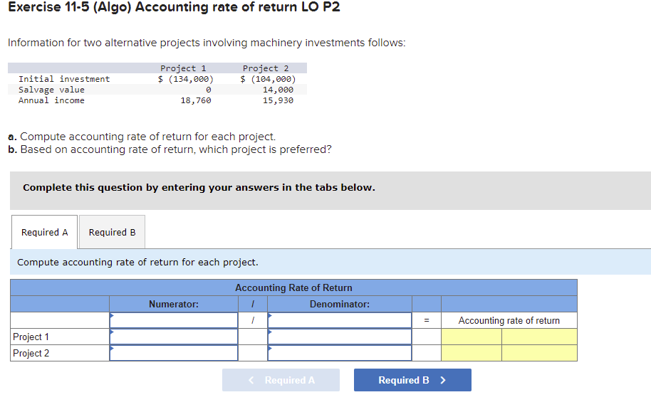 Solved Exercise 11-5 (Algo) Accounting rate of return LO P2 | Chegg.com