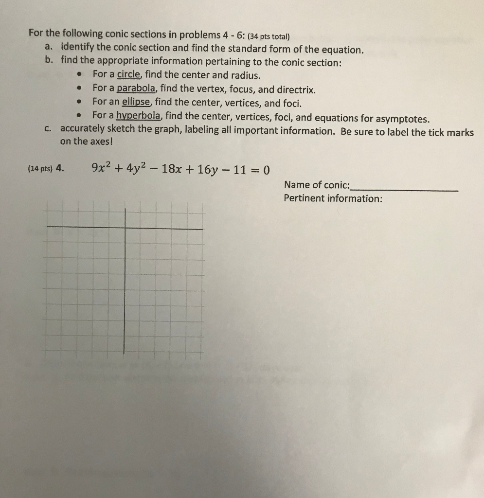Solved For the following conic sections in problems 4 - 6: | Chegg.com