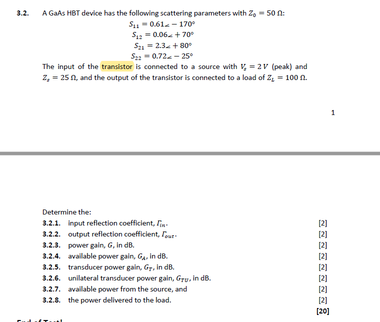 A GaAs HBT device has the following scattering | Chegg.com