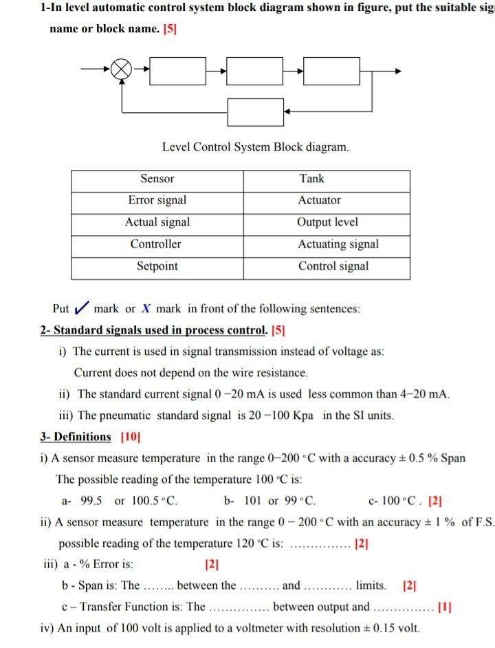 Solved 1-In level automatic control system block diagram | Chegg.com