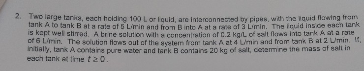 Solved 2. Two large tanks, each holding 100 L or liquid, are | Chegg.com