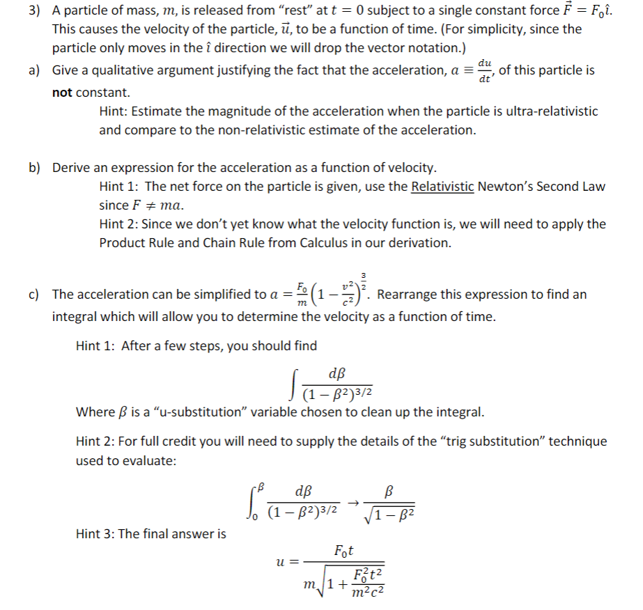 Solved 3) A particle of mass, m, is released from "rest" at | Chegg.com