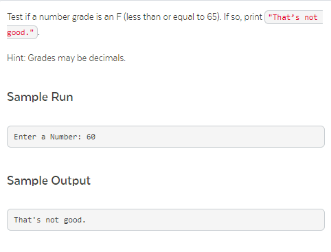 Solved Test if a number grade is an F (less than or equal to | Chegg.com