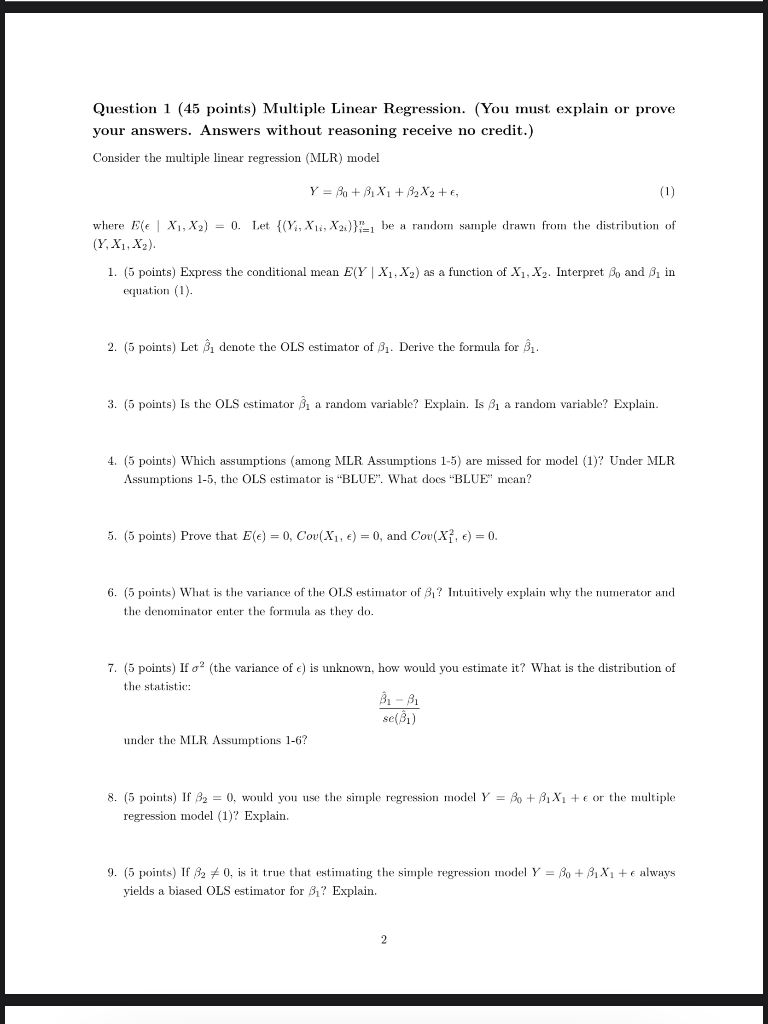 Question 1 (45 points) Multiple Linear Regression. | Chegg.com