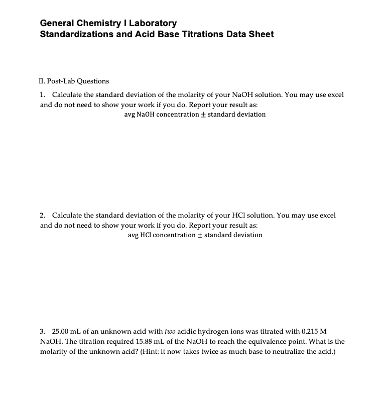 Solved General Chemistry I Laboratory Standardizations and | Chegg.com