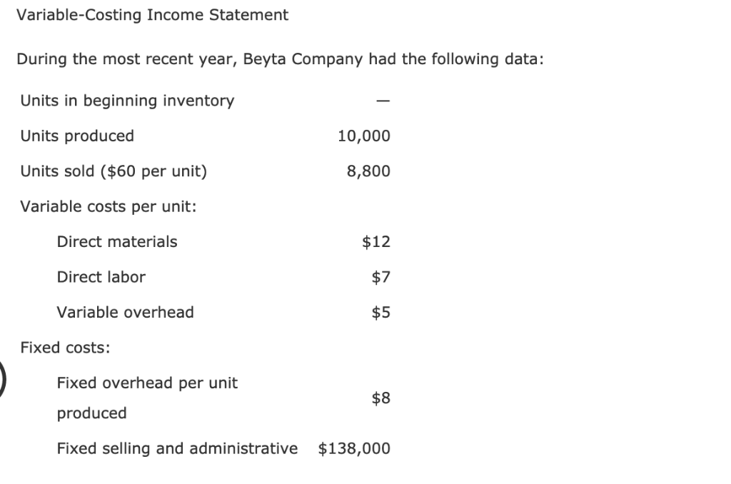 Solved Variable-Costing Income Statement During the most | Chegg.com
