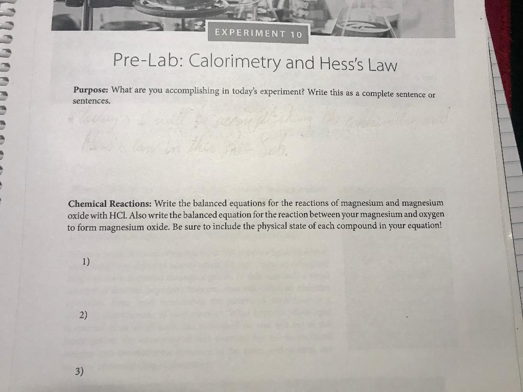 Solved EXPERIMENT 10 Pre-Lab: Calorimetry and Hess's Law | Chegg.com