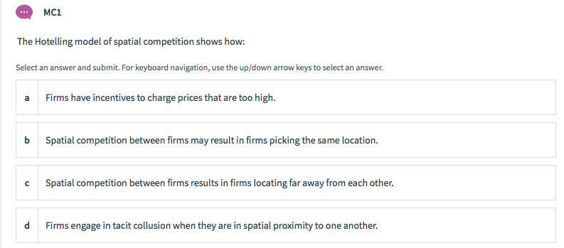 Solved MC1 The Hotelling model of spatial competition shows | Chegg.com