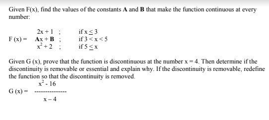 Solved Given F(x), find the values of the constants A and B | Chegg.com