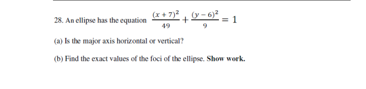 Solved 28. An Ellipse Has The Equation 49(x+7)2+9(y−6)2=1 