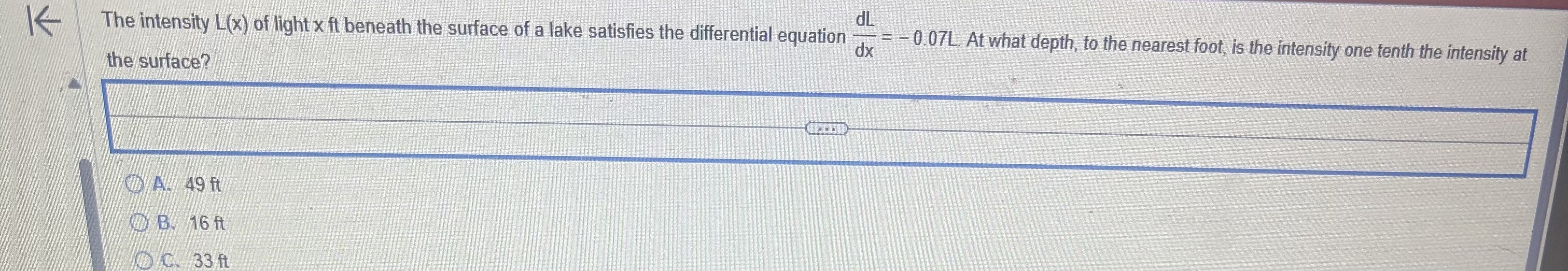 Solved The intensity L(x) of light xft beneath the surface | Chegg.com
