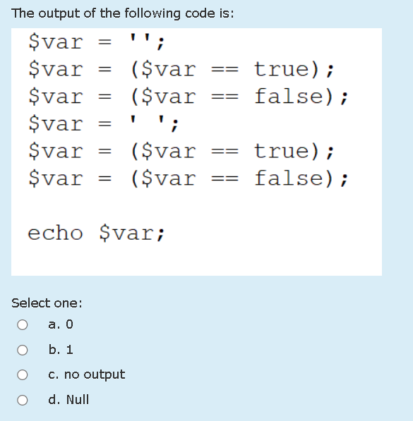 Solved The output of the following code is: ﻿$var ='; ﻿$var | Chegg.com