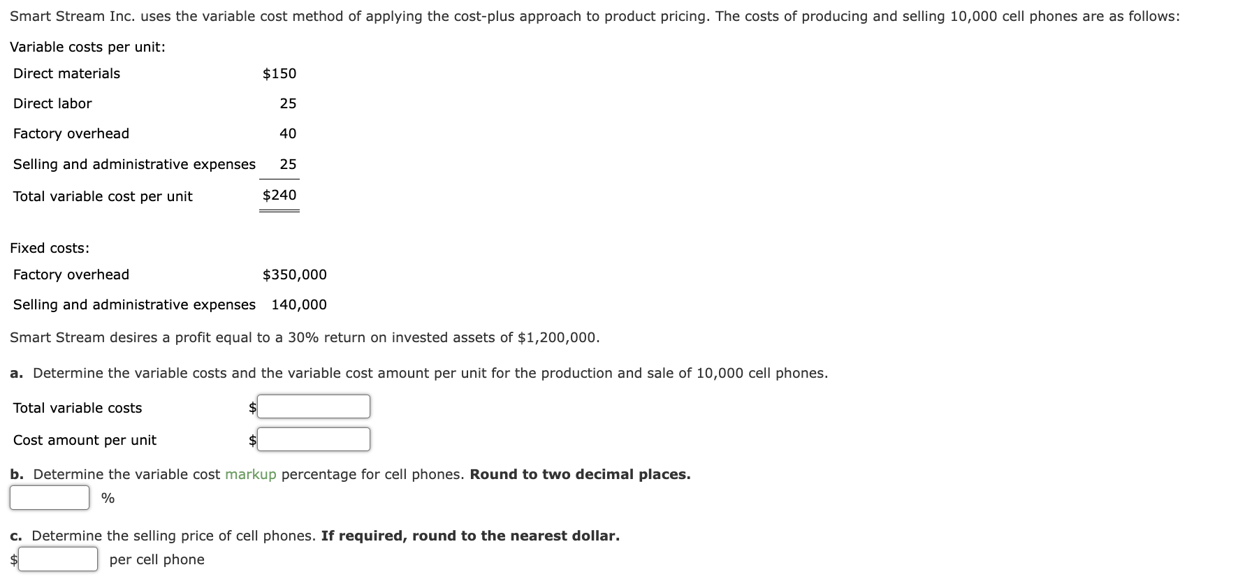 Solved b. Determine the variable cost markup percentage for | Chegg.com