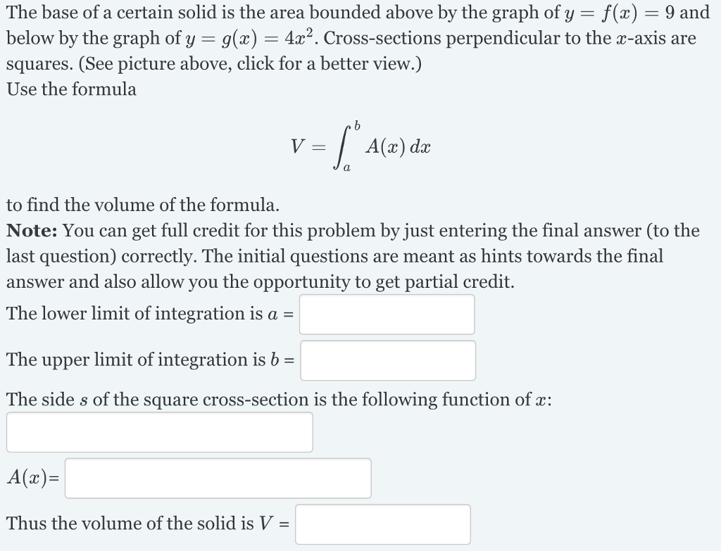 Solved yf(x) cross-section y g(x) base view The base of a | Chegg.com