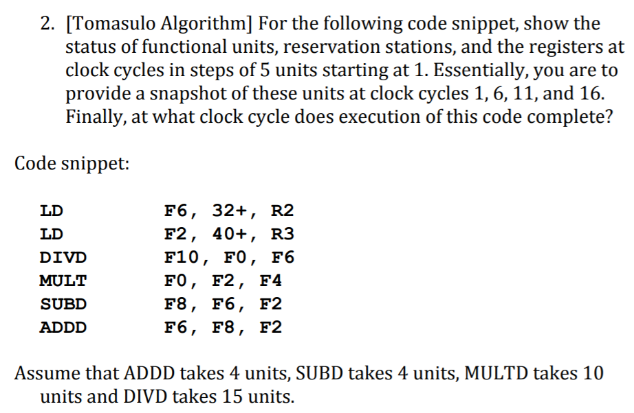 2. [Tomasulo Algorithm] For the following code | Chegg.com