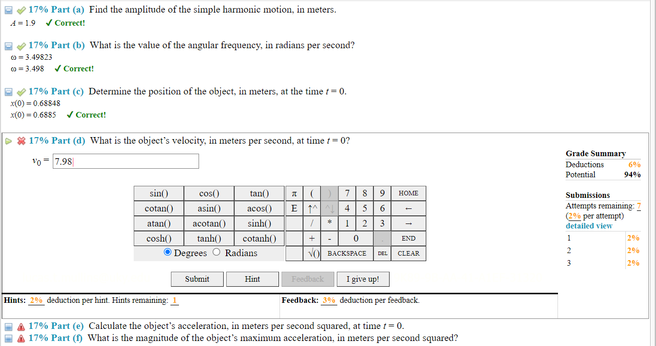 Solved (8%) Problem 3: An object is undergoing simple | Chegg.com