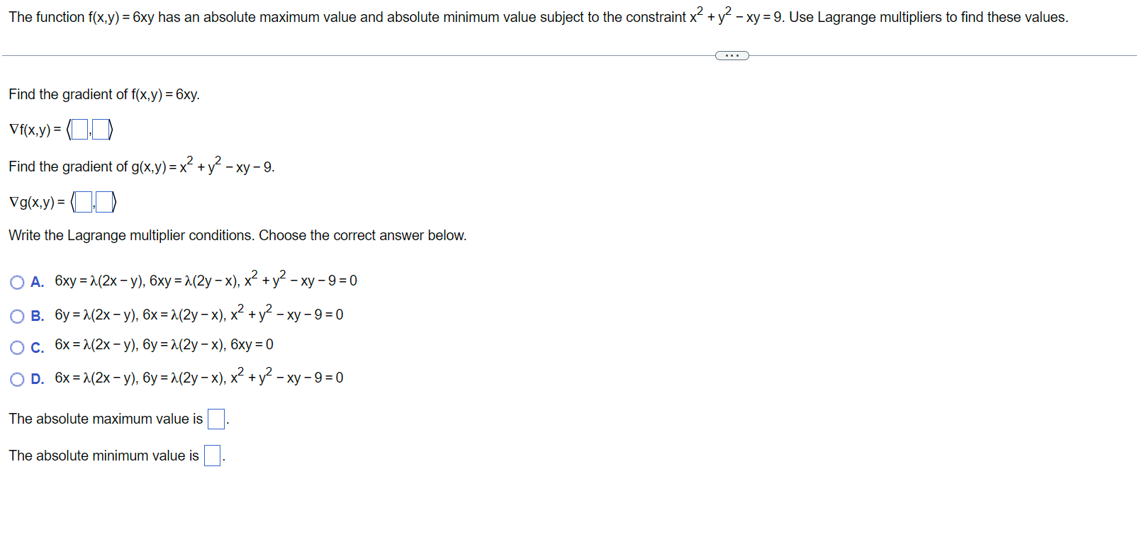 Solved The function f(x,y)=6xy has an absolute maximum value | Chegg.com