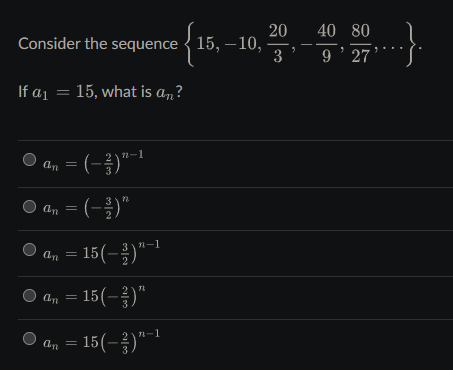 Solved Consider the sequence {15,-10,203,-409,8027,dots}.If | Chegg.com