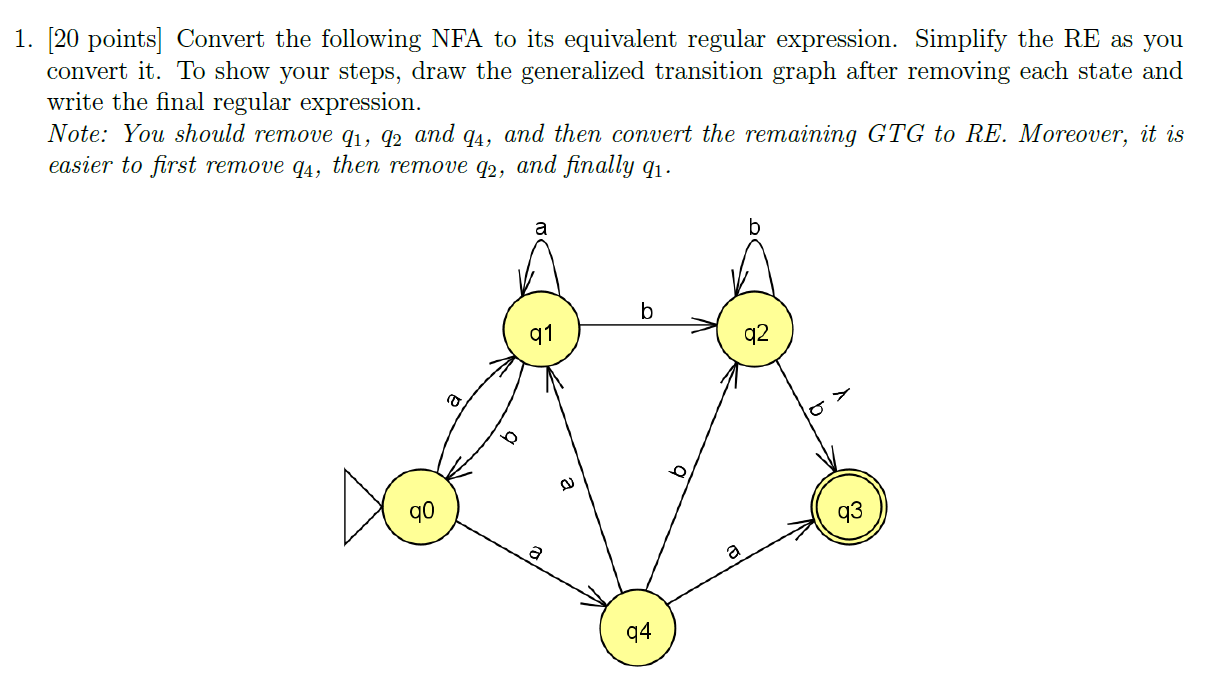 Solved 1. [20 points] Convert the following NFA to its | Chegg.com