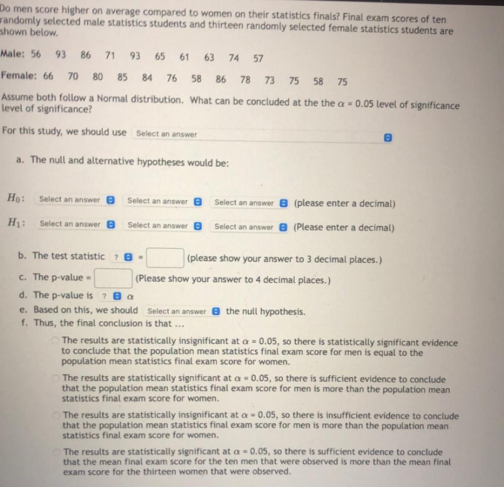 Solved Do men score higher on average compared to women on | Chegg.com