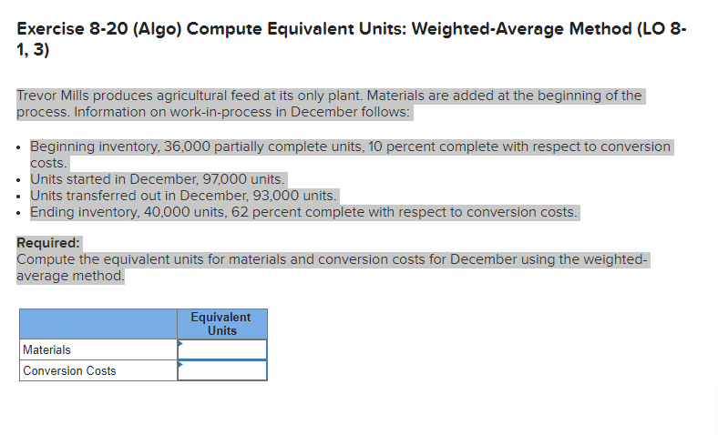 Solved Exercise 8-20 (Algo) Compute Equivalent Units: | Chegg.com