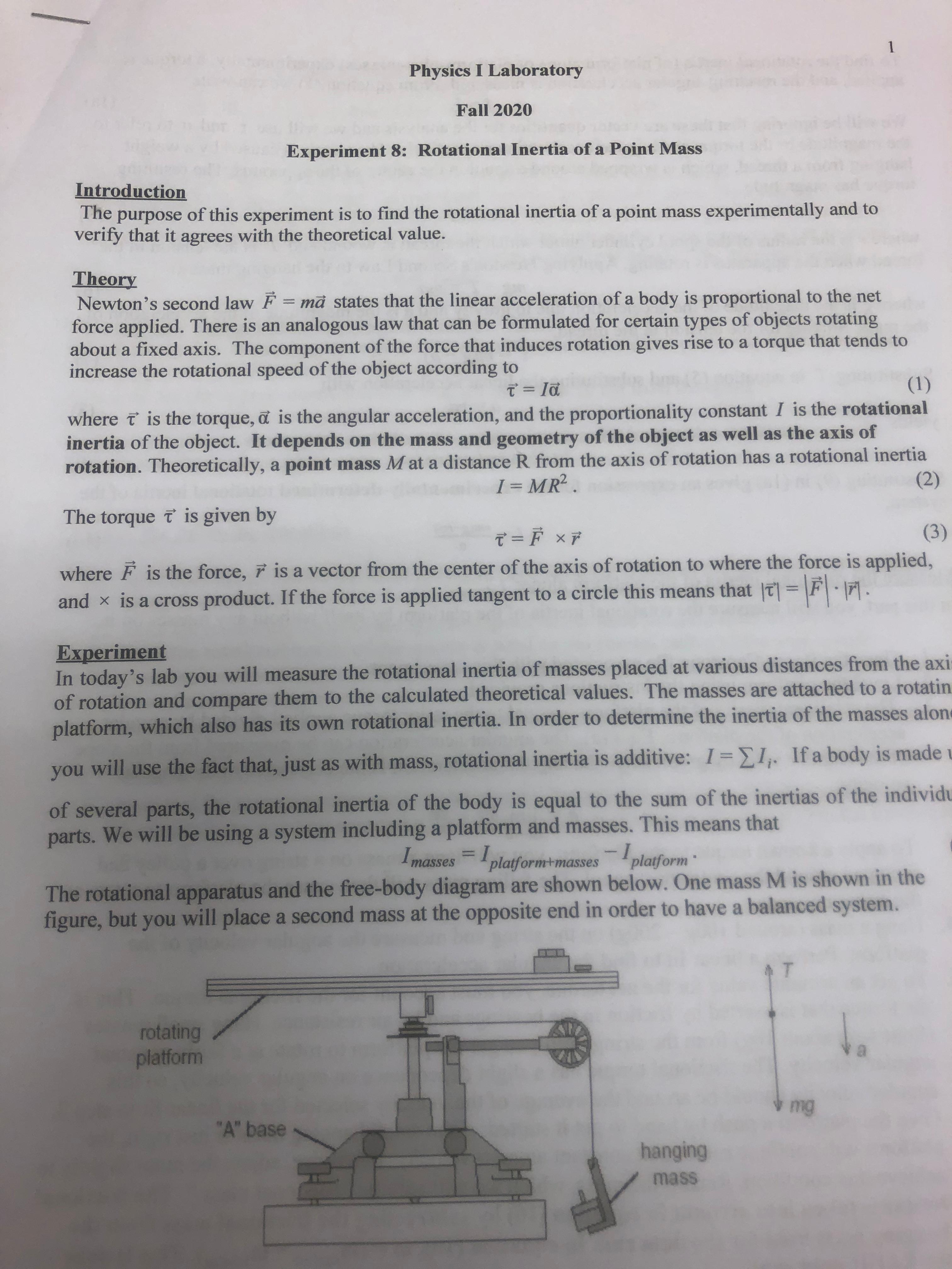 Physics I Lab Prelab Assignment 8: Rotational Inertia | Chegg.com