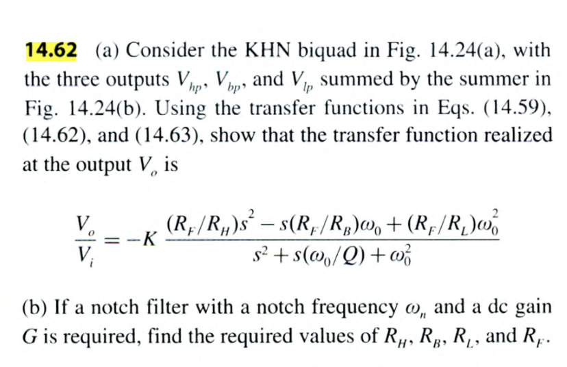 Solved 14.62 (a) Consider the KHN biquad in Fig. 14.24(a), | Chegg.com