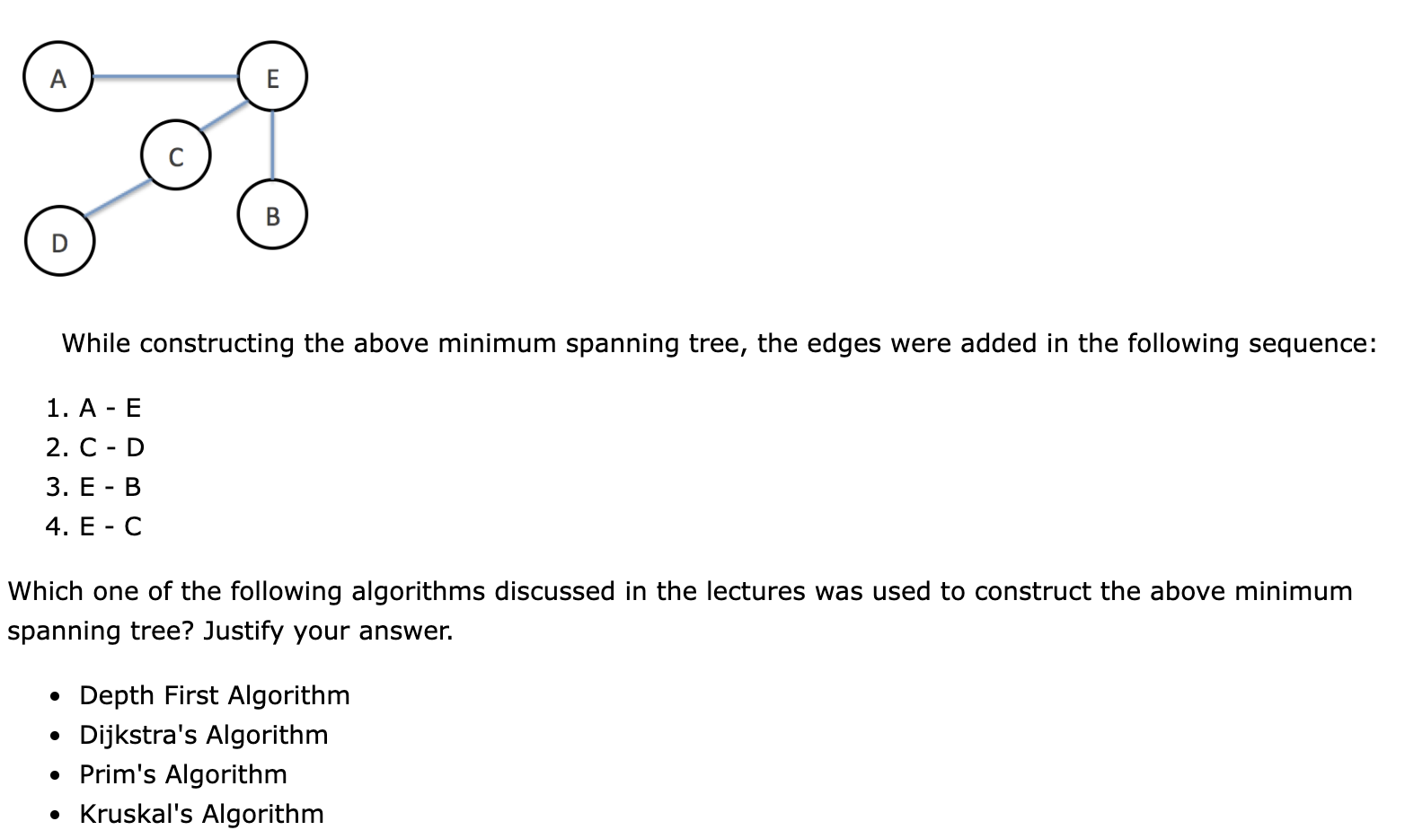 Solved E С B D While constructing the above minimum spanning | Chegg.com