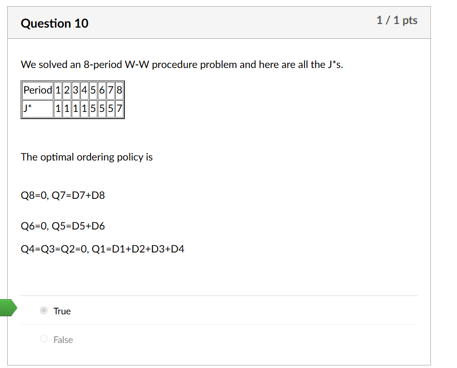 Solved Question 10We ﻿solved an 8-period W-W ﻿procedure | Chegg.com