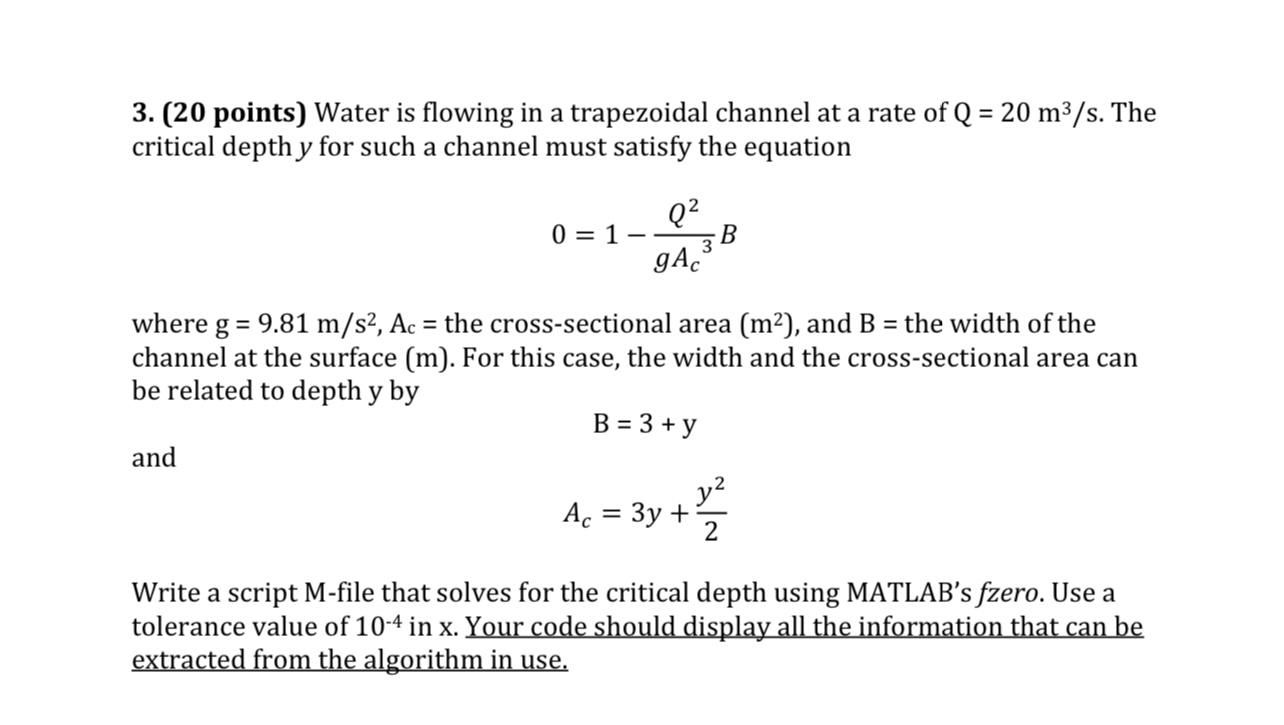 Solved 3. (20 points) Water is flowing in a trapezoidal | Chegg.com