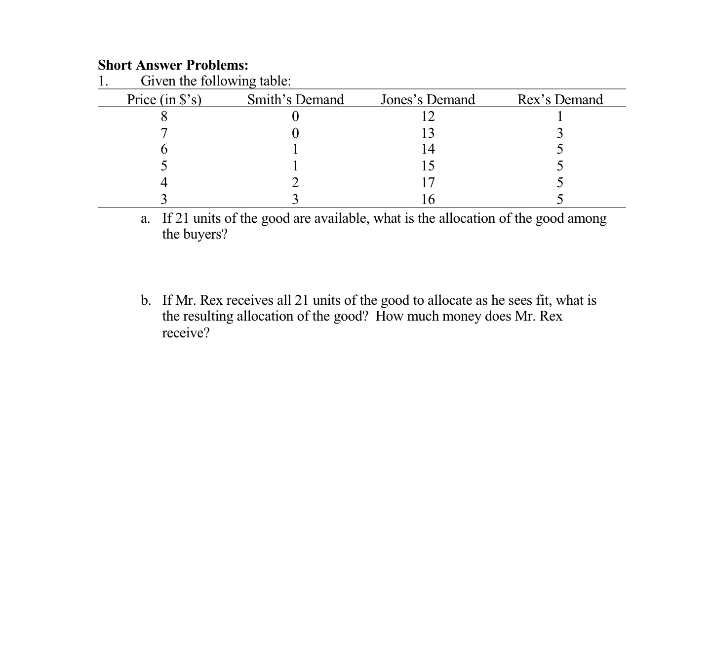 Solved Short Answer Problems: 1 Given the following tahle. | Chegg.com