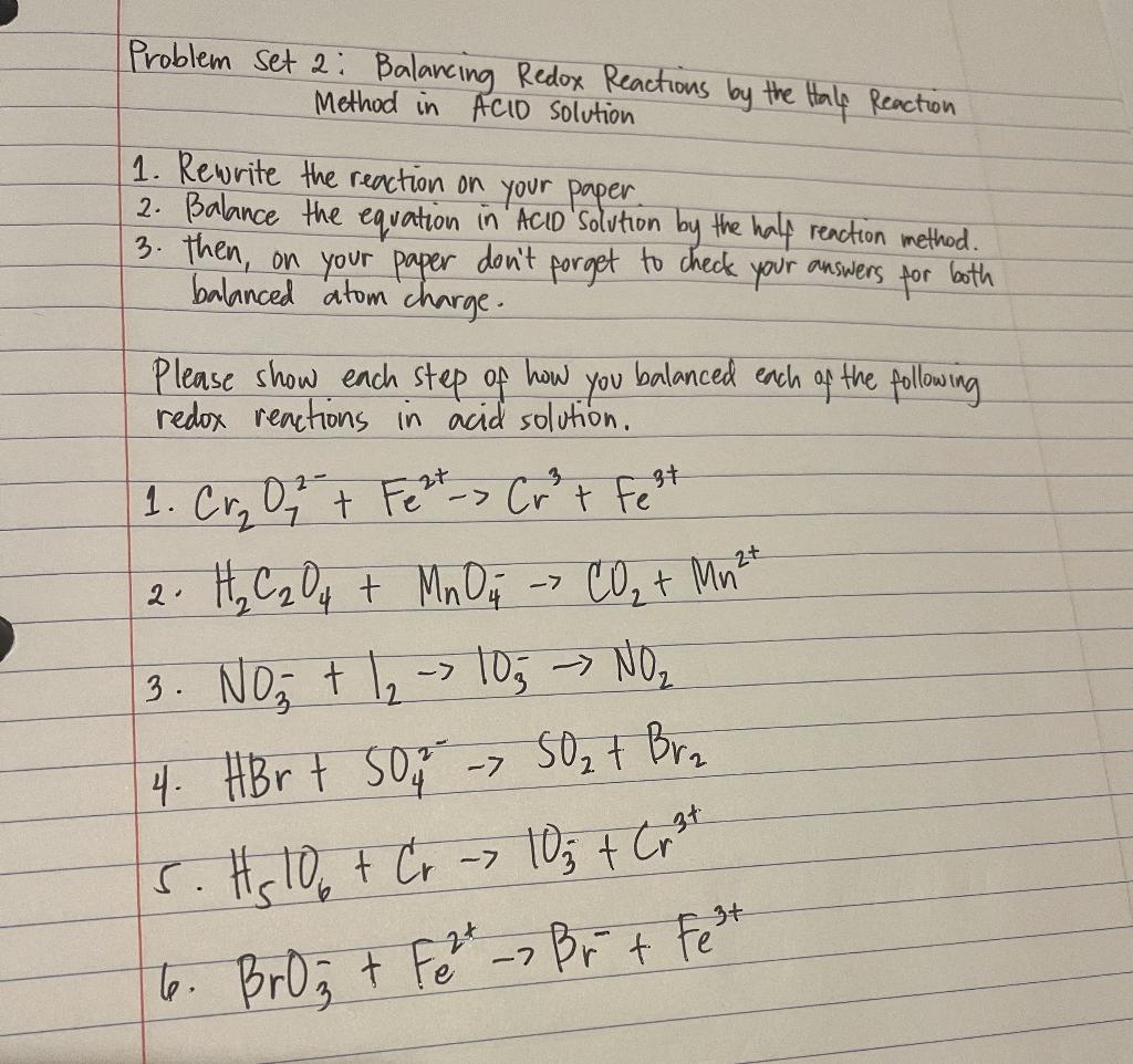 Solved Problem Set 2: Balancing Redox Reactions by the taly | Chegg.com