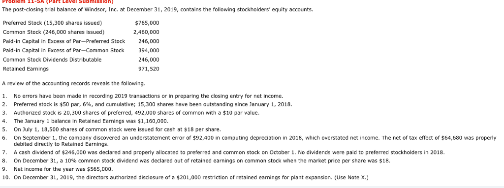 Solved Problem 1-SA Part Level Submission) The post-closing | Chegg.com