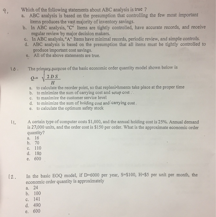 Solved Whch of the following statements about ABC analysis | Chegg.com