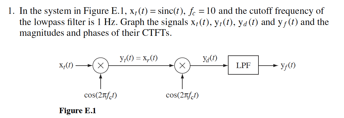 Solved 1. In the system in Figure E.1, xt(t)=sinc(t),fc=10 | Chegg.com