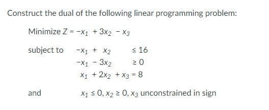 Solved Construct the dual of the following linear | Chegg.com