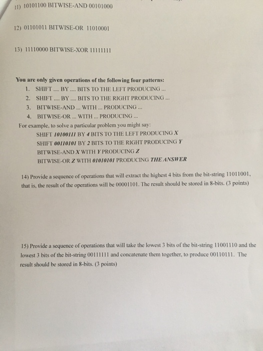Solved 1) 10101100 BITWISE-AND 00101000 12) 01101011 | Chegg.com