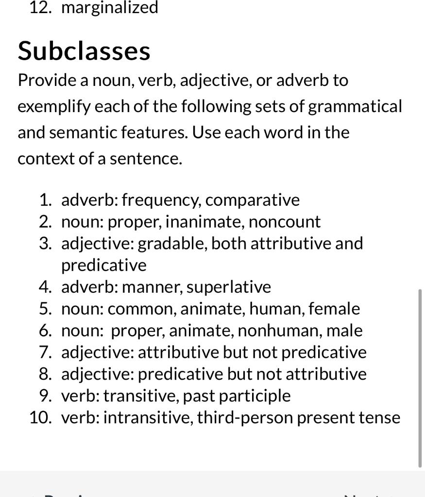 Subclasses Provide a noun, verb, adjective, or adverb | Chegg.com
