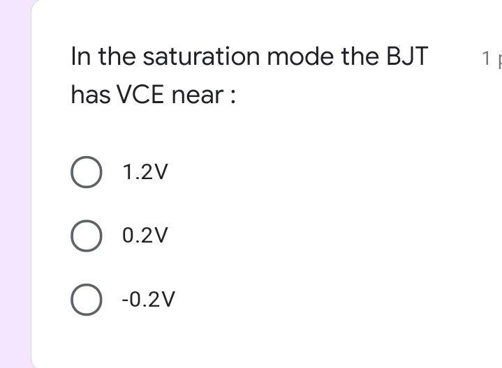 Solved 10 In the saturation mode the BJT has VCE near : O | Chegg.com