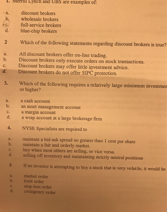 Solved I. Merill Lynch and UBS are examples of discount | Chegg.com