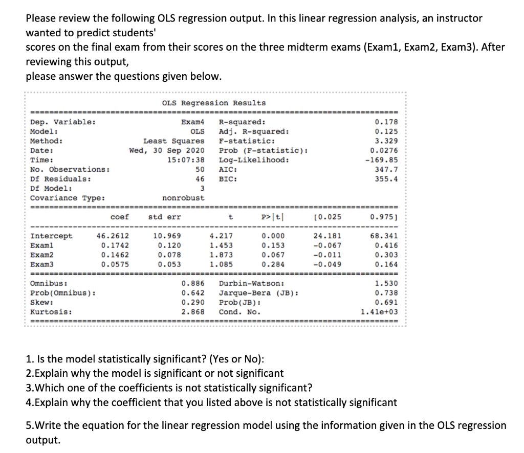 Solved Please Review The Following Ols Regression Output In 