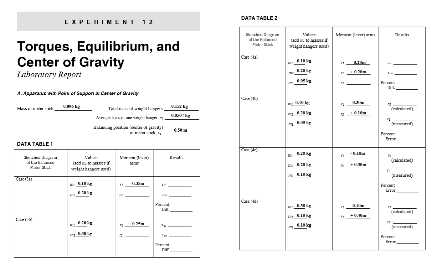 DATA TABLE 2 EXPERIMENT 1 2 alues Moment (lever) arms | Chegg.com