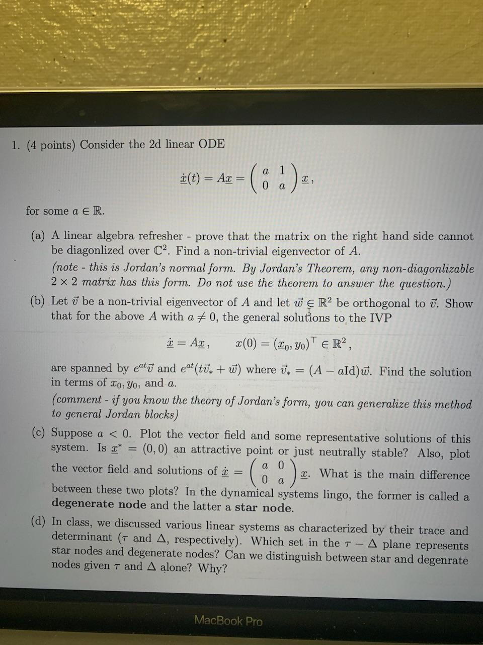 Solved 1. (4 points) Consider the 2 d linear ODE | Chegg.com