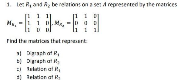 Solved 1. Let R1 and Ry be relations on a set A represented | Chegg.com
