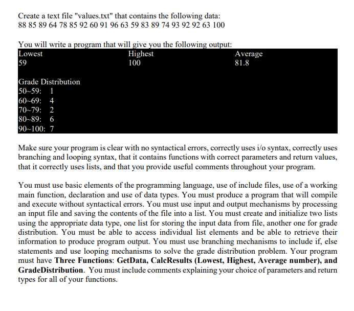 Solved Create a text file "values.txt" that contains the | Chegg.com