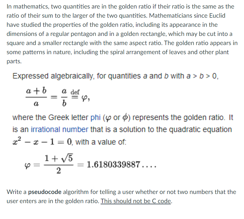 Solved In mathematics, two quantities are in the golden | Chegg.com