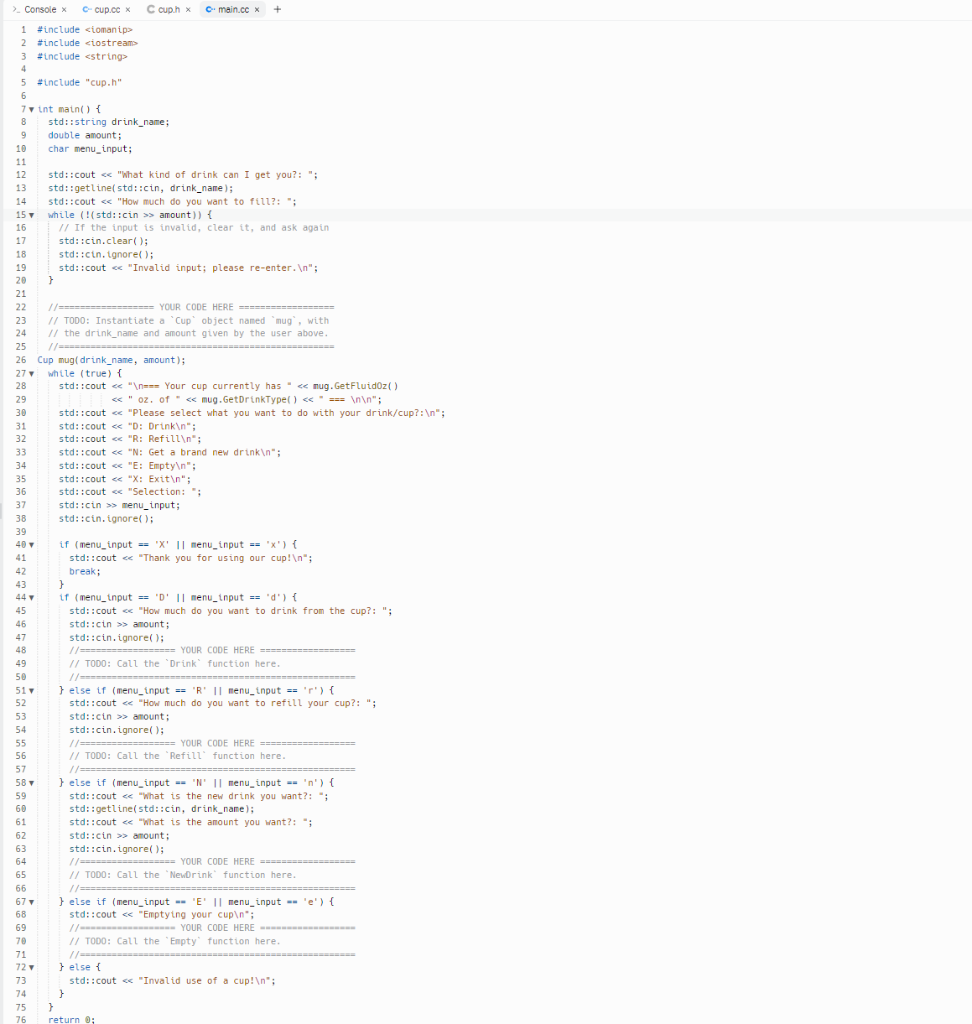 Solved This program simulates interactions with a cup object | Chegg.com